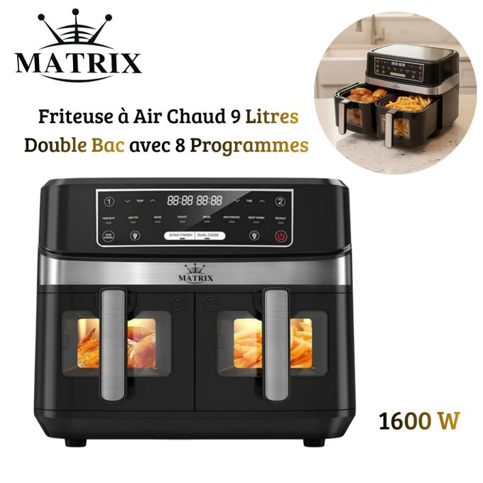 Friteuse Air Fryer Double Tiroirs 9L 1600W À Air Chaud - 8 Programmes ...